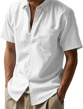 Generic Chemise à manches courtes en coton et lin pour homme - Décontractée et légère - Pour les vacances, la plage, lété - Avec poche - Chemises amusantes po