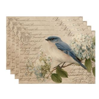 Generic Platzsets mit blauem Vogelmotiv, Vintage-Tischsets f&uuml;r Esstisch, Fr&uuml;hling, saisonal, rutschfest, waschbar, f&uuml;r Innen- und Au&szlig;enbereich, K&uuml;che, Party, 