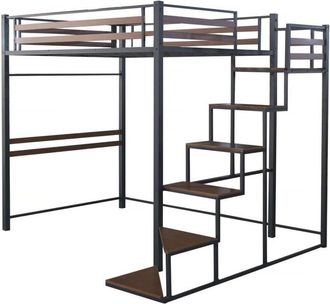 Habitat et Jardin Habitat Et Jardin - Lit mezzanine en m&eacute;tal avec escalier lena - 140 x 200 cm - Noir et marron noyer