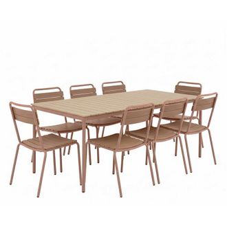 Oviala Ensemble table de jardin en m&eacute;tal et bois et 8 chaises marron