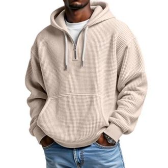 Generic Sweat &agrave; capuche pour homme en tricot gaufr&eacute; avec fermeture &eacute;clair quart de longueur, sweat &agrave; capuche tendance, d&eacute;contract&eacute;, ample, t-shirt &agrave; manches l