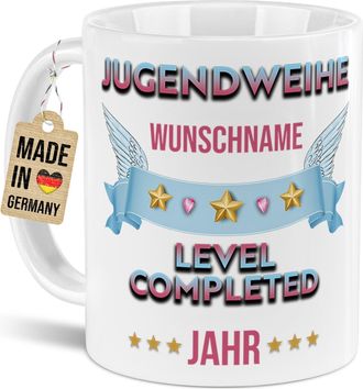 Tassendruck Tasse zur Jugendweihe mit Namen und Jahr selbst gestalten - Level completed, Banner - Personalisiertes Geschenk - Keramiktasse, 300 ml, Weiß