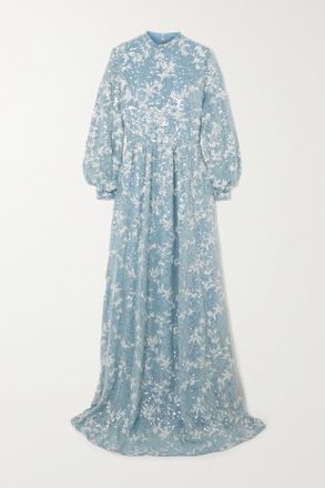 Erdem Robe Du Soir En Mousseline &Agrave; Broderies Et &Agrave; Sequins Kara - Bleu