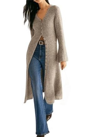 Generic Cardigan long tendance &agrave; col en V boutonn&eacute; pour femme, manteau maxi en tricot &eacute;pais pour lautomne et lhiver, options de tricot torsad&eacute;, kaki, XL