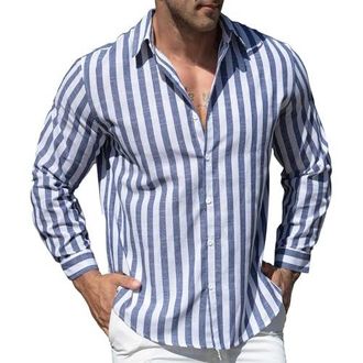 Generic Chemise en lin pour homme slim pour homme - Chemise boutonn&eacute;e en lin blanc - Chemise en coton bleu &agrave; rayures fines - Polo l&eacute;ger - T-shirt vintage - T-