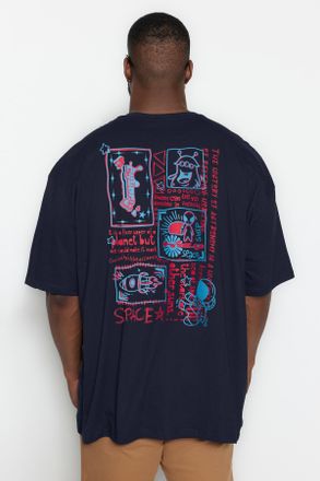 Trendyol MAN Jungen Dunkelblau Slogan Kurz Oversize Gro&szlig;e Gr&ouml;&szlig;en T-Shirts