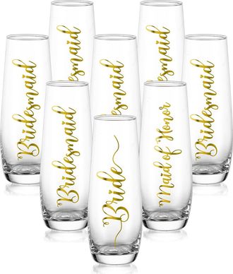 Nuptio Sektgläser Becher Geschenk Hochzeit: Satz von 8 Gravur Gläser Bride Bridesmaid Trauzeugin Champagner Prosecco Glasses Gold Tumbler Party Champagnergla