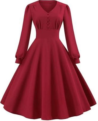 Generic Robe Ann&eacute;es 50 Vintage Femme Retro Rockabilly Pin Up Chic Et Elegante Robes Manches Longues Polka Dot Ann&eacute;e 60 70 Swing Casual Dress De C&eacute;r&eacute;monie Bal 