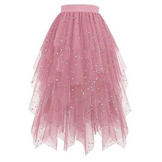 Generic Jupe en tulle &agrave; paillettes pour femme - Jupe en tulle - Jupe mi-longue - Jupe midi - Jupe pliss&eacute;e - En maille - Jupe irr&eacute;guli&egrave;re - &Eacute;l&eacute;gante - Longueur