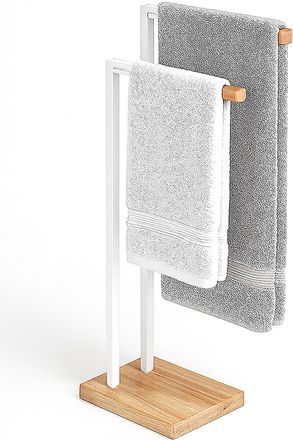 Relaxdays Handtuchhalter stehend, Handtuchständer mit 2 Stangen, für Hand- & Badetücher, Eisen & Bambus, weiß/Natur