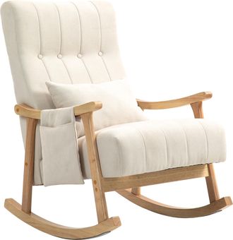 HOMCOM Schaukelstuhl Schaukelsessel mit R&uuml;ckenlehne, Lendenkissen, Holzkufen, Sessel, Relaxsessel mit Leinenoptik Weich Schwingsessel Stillsessel f&uuml;r Wohnzim