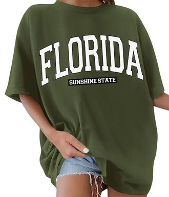 Heekpek Lonya Tee Shirt Femme Oversize &agrave; Col Rond Manches Courtes Florida Imprim&eacute; De Lettres Grande Taille Haut Femme D&eacute;t&eacute; D&eacute;contract&eacute; Tshirt Long Tunique Cas
