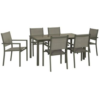 Sweeek Salon de jardin en aluminium et textil&egrave;ne - Capua - kaki - 6 places - 1 grande table rectangulaire. 6 fauteuils empilables