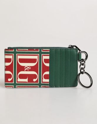 Dolce & Gabbana Mens Green Calf Leather Logo Print Monogram Card Holder Wallet