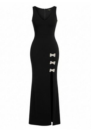 Goddiva Maxikleid Diamante Brooch Thigh Split Mermaid Maxi Dress Lange Kleid, mit Schlitz, V-Ausschnitt