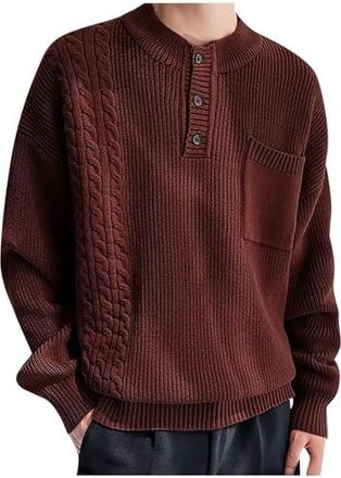 Generic 2025- Pull Chaud Homme Manche Longue- Pull De Travail Col Rond &agrave; Bouton Casual Couleur Unie Coupe Ample Confortable Sweater avec Poches Chic Polyvalen