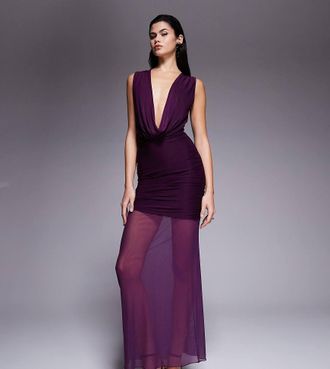 KAIIA Exclusivit&eacute; - Kaiia - Robe longue double &eacute;paisseur pr&egrave;s du corps avec ourlet transparent et col b&eacute;nitier plongeant - Prune-Violet