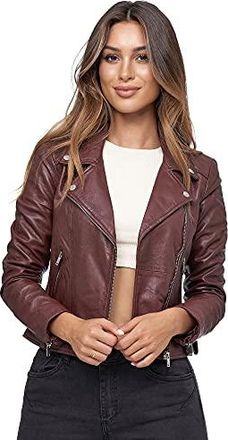 Tazzio Veste en cuir v&eacute;ritable pour femme au look motard avec fermeture &eacute;clair et col &agrave; revers F507, Bordeaux, L
