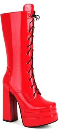 Generic Bottes mi-mollet &agrave; lacets avec bout carr&eacute; et talon &eacute;pais pour femme, Rouge, 37.5 EU