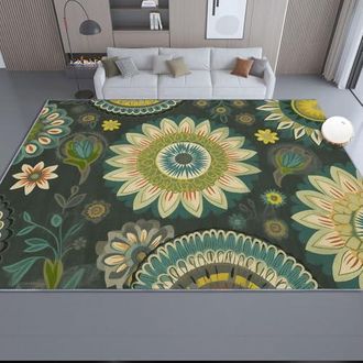 Generic Tapis Salon 160 x 230 cm, Bohème Floral Mandala Antidérapant Tapis Lavable en Machine Flanelle - Vert Foncé pour Chambre Salle à Manger Couloir Dentré