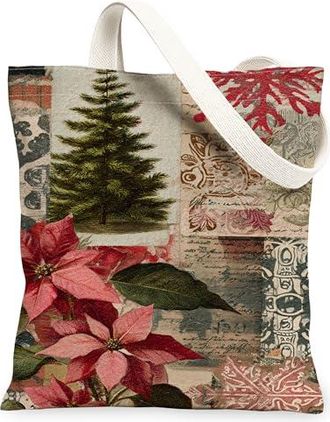Generic Sacs fourre-tout r&eacute;utilisables en toile &agrave; motif floral de No&euml;l, poinsettia et pin, festif, rustique, l&eacute;ger, lavable C, Rouge, 13x15 Inch