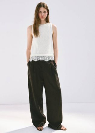 Mango Top en maille avec d&eacute;tail de dentelle &eacute;cru - Femme - XXS - MANGO