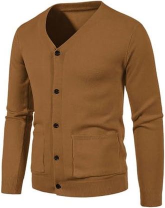 Generic Cardigan pour homme en laine mélangée avec col en V, boutons en tricot torsadé avec poches, manches longues, coupe ajustée, pull décontracté en tricot