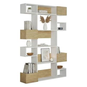 Dmora Biblioth&egrave;que Thetis, Etag&egrave;re de Bureau, Porte-Livre Mobile, Librairie, 120x25h171 cm, Blanc et ch&ecirc;ne