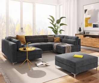DELIFE Wohnlandschaft Elio 300x185 cm Mikrofaser Graphite mit Hocker, Wohnlandschaften