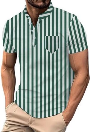 Generic T-shirt ray&eacute; pour homme d&eacute;contract&eacute; et tendance avec bouton et col montant., Vert, 3XL