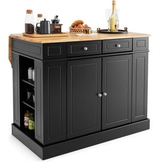 Costway K&uuml;cheninsel mit erweiterbarer Arbeitsplatte, K&uuml;chenschrank mit Schubladen, Seitenregalen und 2 Ebenen Staufach, Holz, 120 x 91 x 92 cm (Schwarz)