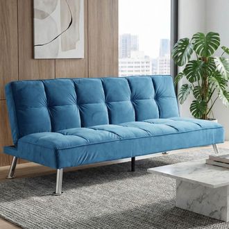 Mendler Sofa HWC-K21, Klappsofa Couch Schlafsofa, Nosagfederung Schlaffunktion Liegefl&auml;che 181x107cm - Samt, blau