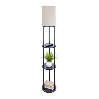 Relaxdays Stehlampe mit Regal, HD: 180 x 30 cm, E27-Fassung, Holz & Leinen, modernes Design, Stehleuchte, schwarz-wei&szlig;