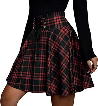 Minetom Femme Mini Jupe Carreaux Évasé Plissé Plaid Court A-Line Jupe Courte Gothique Taille Haute Tennis Uniformes Ecolières Jupe À Lacets A Rouge XXL