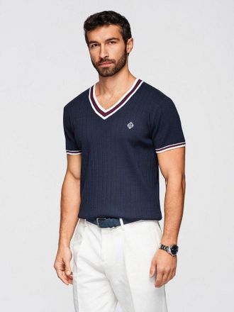 Ombre T-Shirt Herren Viskose T-Shirt mit V-Ausschnitt Navy M (kein Set, 1-tlg) Strukturierter Stoff