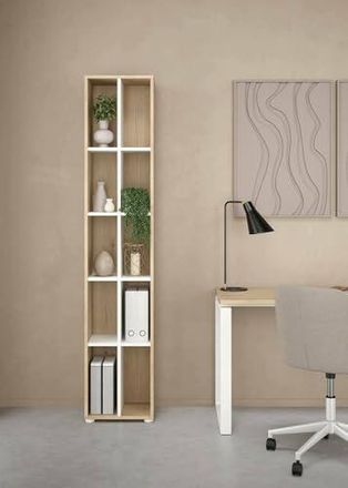 Dmora B&uuml;cherregal Sophie, B&uuml;roregal, Mobiler Buchhalter, B&uuml;cherbrett, 41x34 h205 cm, Eiche und Wei&szlig;