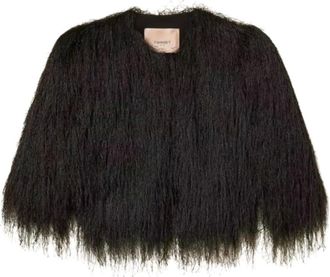 Twinset Femme, Vestes, Noir, Taille: 40 FR Pull à Manches Courtes et Col Rond à Franges