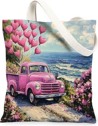 Generic Sac fourre-tout vintage en toile avec motif coeur et ballons, motif floral, p&ecirc;che, sacs de courses r&eacute;utilisables, l&eacute;gers et lavables, sacs en toile po