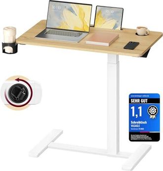 Vasagle Beistelltisch mit Rollen, mobiler Stehtisch, 80 x 45 cm gro&szlig;e Tischplatte, verstellbare H&ouml;he, 2 Getr&auml;nkehalter, Schlitz f&uuml;r Handy oder Tablet, goldeic