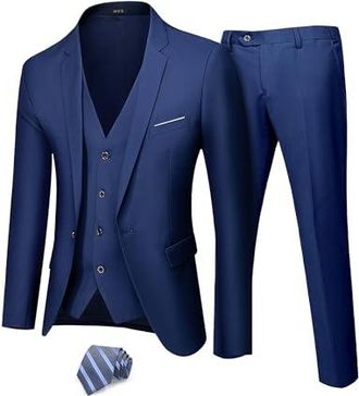 Mys Ensemble 3 pièces pour homme avec cravate, veste ajustée à un bouton, gilet et pantalon, pour fête, mariage, bal de fin dannée, blazer et pantalon, bl
