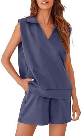 Generic Ensemble 2 pi&egrave;ces d&eacute;contract&eacute; pour femme avec t-shirt sans manches &agrave; revers et short de motard pour entra&icirc;nement de sport, bleu marine, XXL