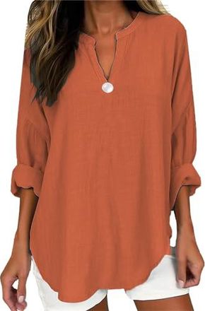 Generic Chemisier Femme Coton Lin Grande Taille De Loisirs Chemises D&eacute;t&eacute; &Agrave; Manches Longues Col en V Profond Amples Tops L&eacute;g&egrave;re Confortable Tunic &Agrave; La Mode Cot