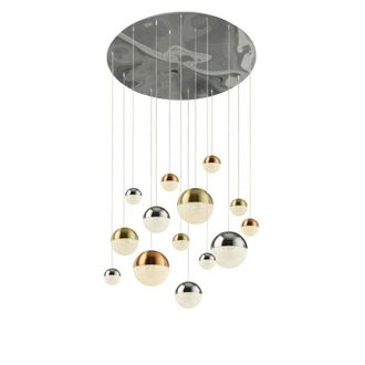 Searchlight Searchlight Planets Suspension &agrave; 14 lampes en cuivre, chrome, capuchons en laiton satin&eacute; et cristal de sable 4000K