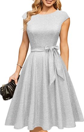 Dresstells Cocktailkleider f&uuml;r Damen Hochzeitsg&auml;ste 2025 Sparkly Fit Flare Vintage Party Kleid, Pailletten Aline Modest Mother of Bride Midi Kleid Glitter Burgun