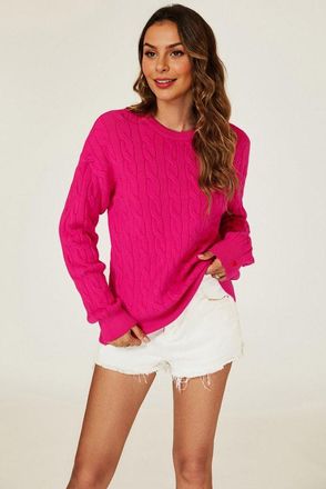FS Collection Strickpullover Damen Strickpullover Zopfmusterpullover Pullover-Oberteil mit Herz (Einheitsgr&ouml;&szlig;e: UK 8-16 / EU 36-44, 4 Farben : Navy, Grau, Dark Fuch