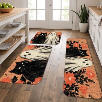 Generic Fanciful Küchenmatten für Boden, schwarze Katzen und Geister, Vintage, weiche Matten, gepolstert, bequem, waschbar, rutschfest, Dekor-Teppiche für Küc