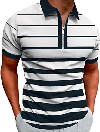 Generic Hauts d&eacute;t&eacute; ray&eacute;s pour homme - Haut d&eacute;contract&eacute; - Imprim&eacute; ray&eacute; - Fermeture &eacute;clair - Col rabattu - Tendance - Chemisier ample &agrave; manches courtes, bleu ma