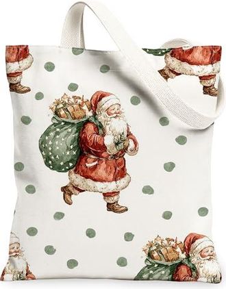 Generic Sac fourre-tout en toile de No&euml;l, motif P&egrave;re No&euml;l festif, sacs &agrave; provisions r&eacute;utilisables, l&eacute;gers et lavables, Blanc, 13x15 Inch