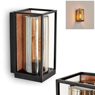 HOFSTEIN Außenwandleuchte Palanga, Außenleuchte aus Metall in Schwarz/Holzoptik/Braun u. 2 Gläsern (Rauchfarben/Klar), Wandlampe für Terrasse/Eingangsbereich, 