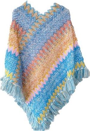 Generic Pull r&eacute;tro &agrave; pompons pour femme, poncho color&eacute; de style ethnique vintage en tricot torsad&eacute; ch&acirc;le enveloppant col en V Ponchos et capes dhiver tendance